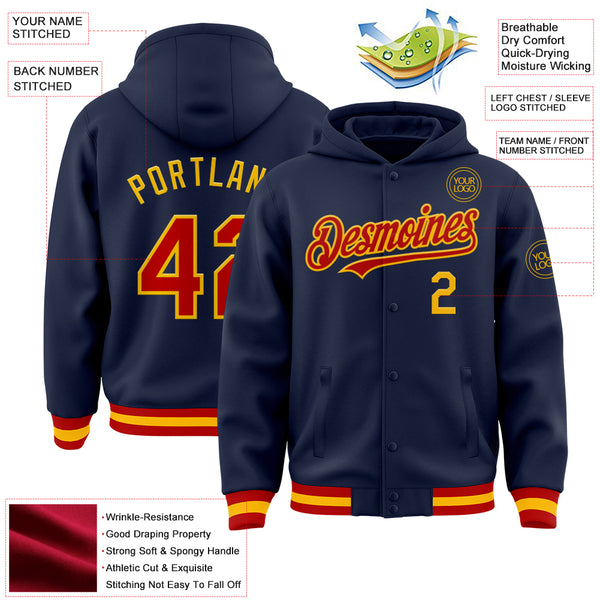Custom Navy Red-Gold Bomber Full-Snap Varsity Letterman Hoodie Jacket ...