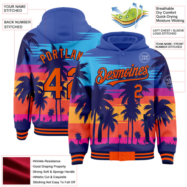 Custom Royal Orange-Navy Tropical Hawaii Palm Trees 3D Bomber Full-Snap ...