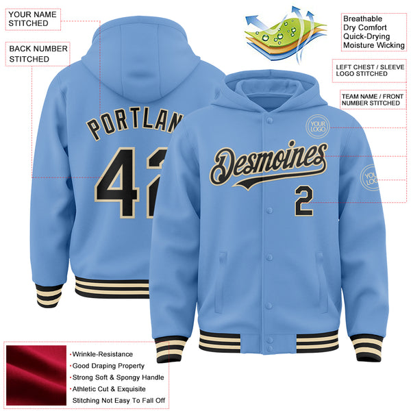 Custom Light Blue Black-Cream Bomber Full-Snap Varsity Letterman Hoodie ...