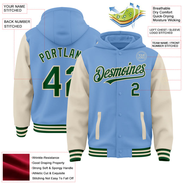 Custom Light Blue Green-Cream Bomber Full-Snap Varsity Letterman Two ...