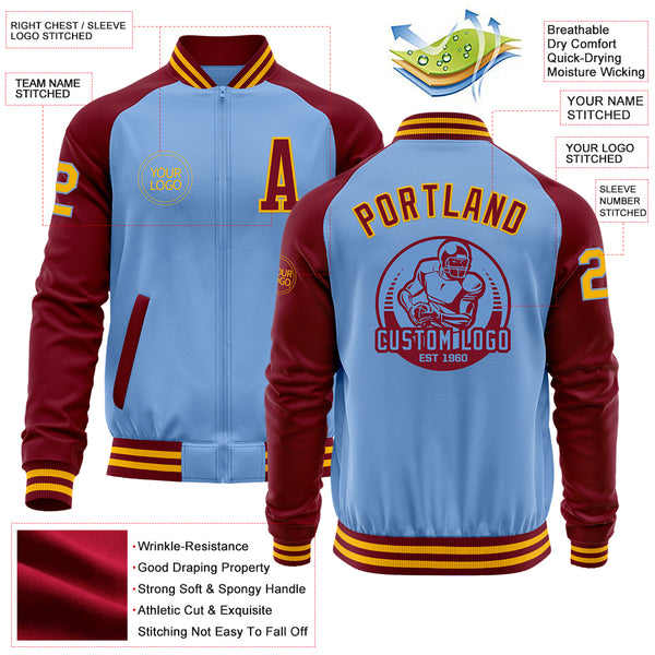 Custom Light Blue Gold-Crimson Bomber Varsity Letterman Two Tone Zipper ...