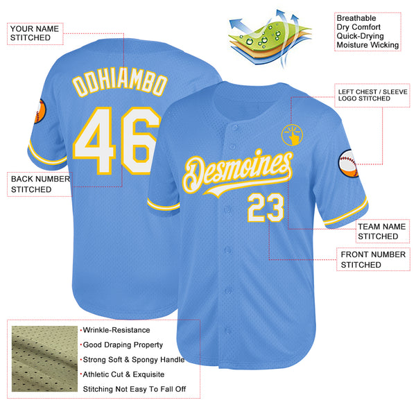 Custom Light Blue White-Yellow Mesh Authentic Throwback Baseball Jersey ...