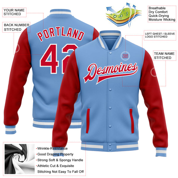 Custom Light Blue Red-White Bomber Full-Snap Varsity Letterman Two Tone ...