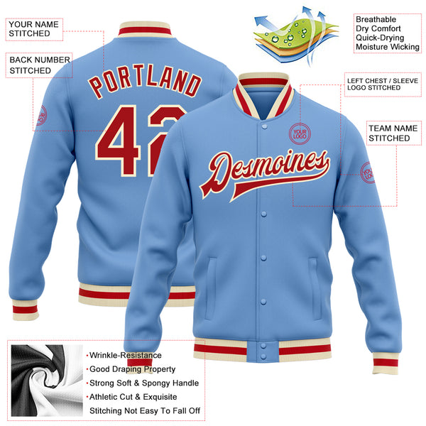 Custom Light Blue Red-Cream Bomber Full-Snap Varsity Letterman Jacket ...