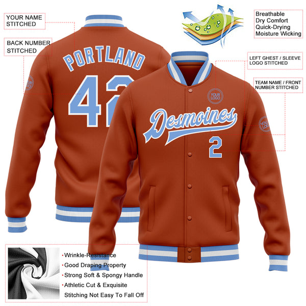Custom Texas Orange Light Blue-White Bomber Full-Snap Varsity Letterman ...