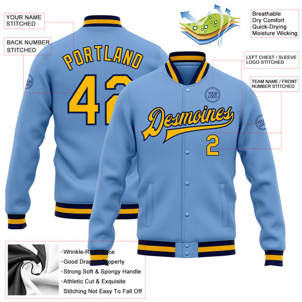 Custom Light Blue Gold-Navy Bomber Full-Snap Varsity Letterman Jacket ...