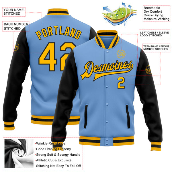 Custom Light Blue Gold-Black Bomber Full-Snap Varsity Letterman Two ...