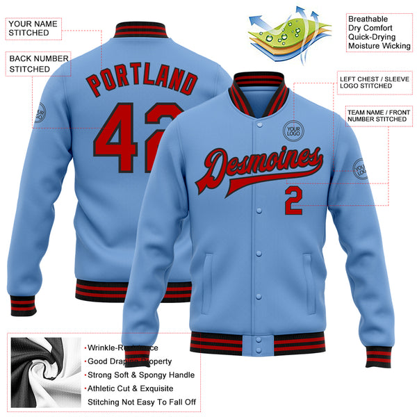 Custom Light Blue Red-Black Bomber Full-Snap Varsity Letterman Jacket ...