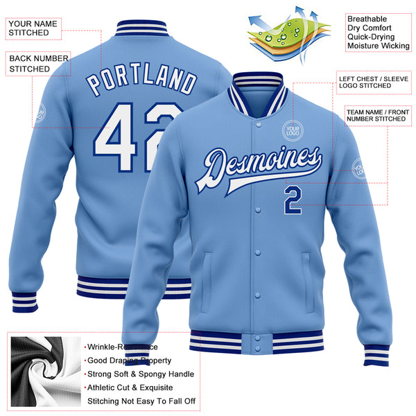 Custom Light Blue White-Royal Bomber Full-Snap Varsity Letterman Jacket ...