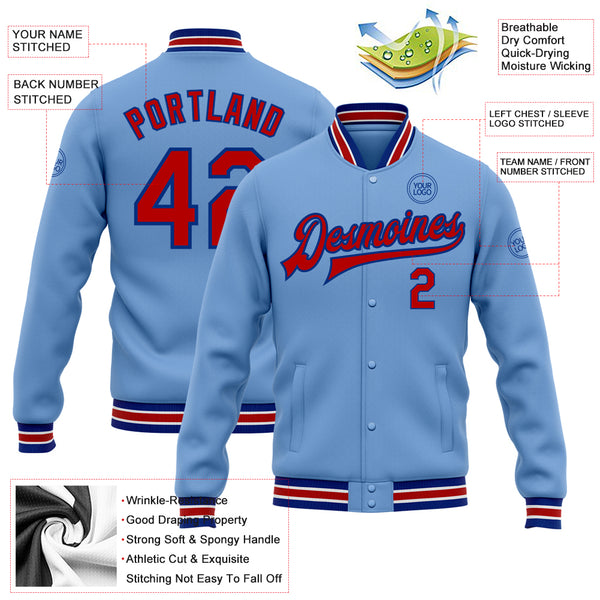 Custom Light Blue Red-Royal Bomber Full-Snap Varsity Letterman Jacket ...