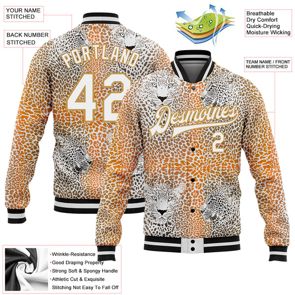 Custom Old Gold White-Black Leopard 3D Pattern Design Bomber Full-Snap ...