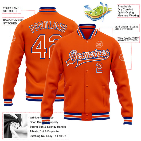 Custom Orange White-Royal Bomber Full-Snap Varsity Letterman Jacket ...