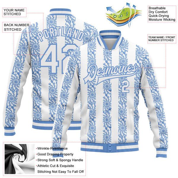 Custom Light Blue-White 3D Pattern Design Bomber Full-Snap Varsity ...