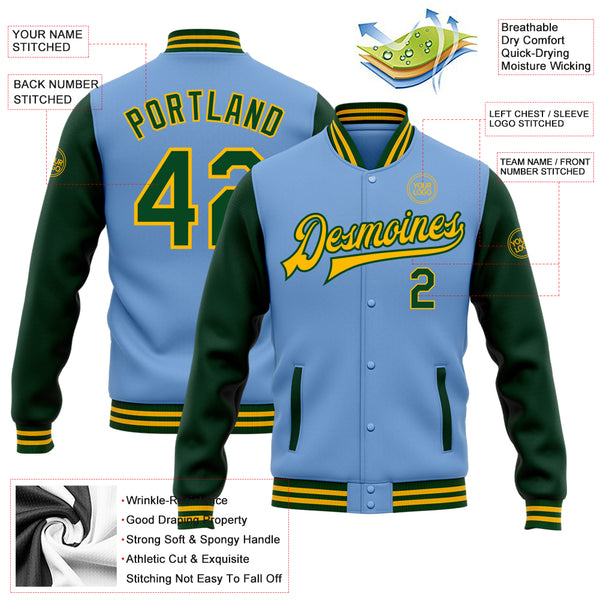 Custom Light Blue Green-Gold Bomber Full-Snap Varsity Letterman Two ...