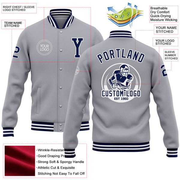 Custom Gray Navy-White Bomber Full-Snap Varsity Letterman Jacket ...